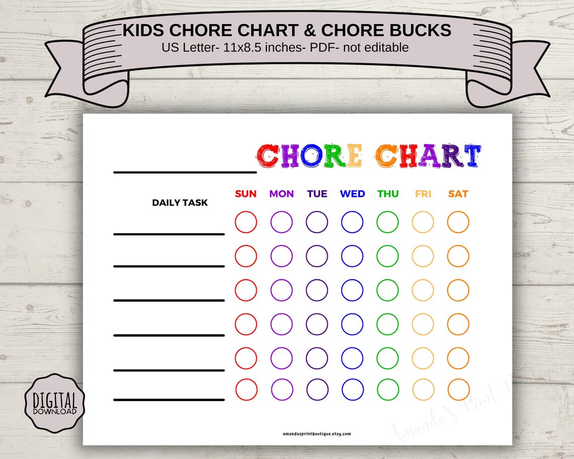 Kids Chore Chart and Chore Bucks Mom Bucks Classroom Bucks - Etsy