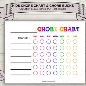 Kids Chore Chart and Chore Bucks, Mom Bucks, Classroom Bucks, Kids ...