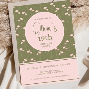 EDITABLE Floral Birthday Party Invitation, Green With Pink Flowers ...