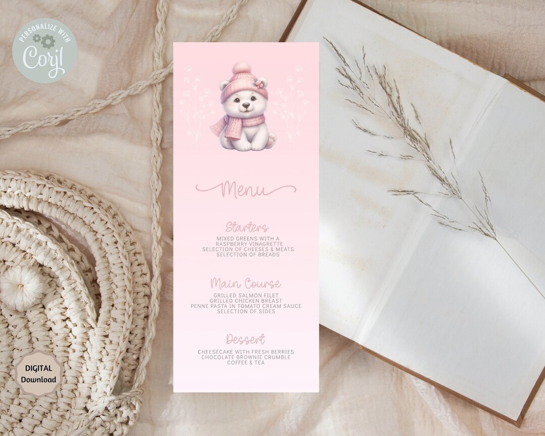 Editable Pink We Can Bearly Wait Baby Shower Menu Template, Winter Bear ...