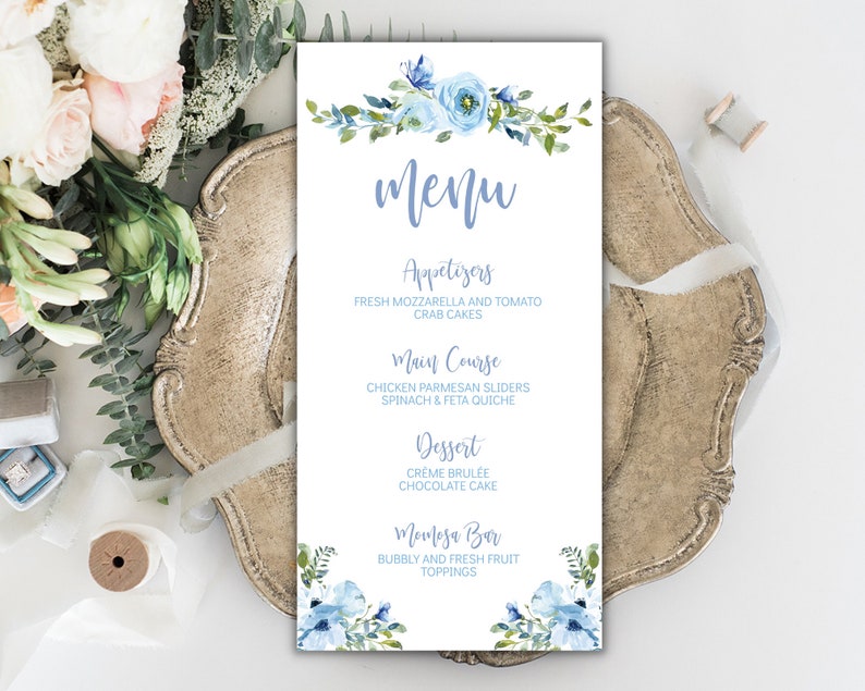 EDITABLE Blue Floral Menu Card Template Lunch/ Dinner / Brunch | Etsy