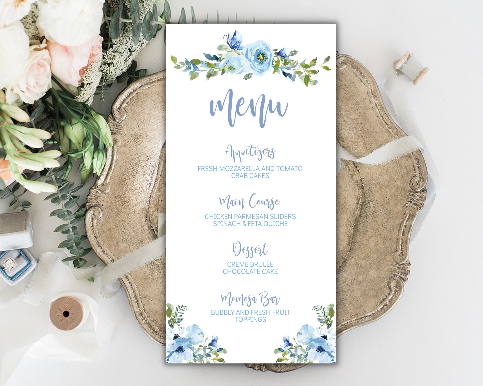 EDITABLE Blue Floral Menu Card Template Lunch/ Dinner / Brunch | Etsy