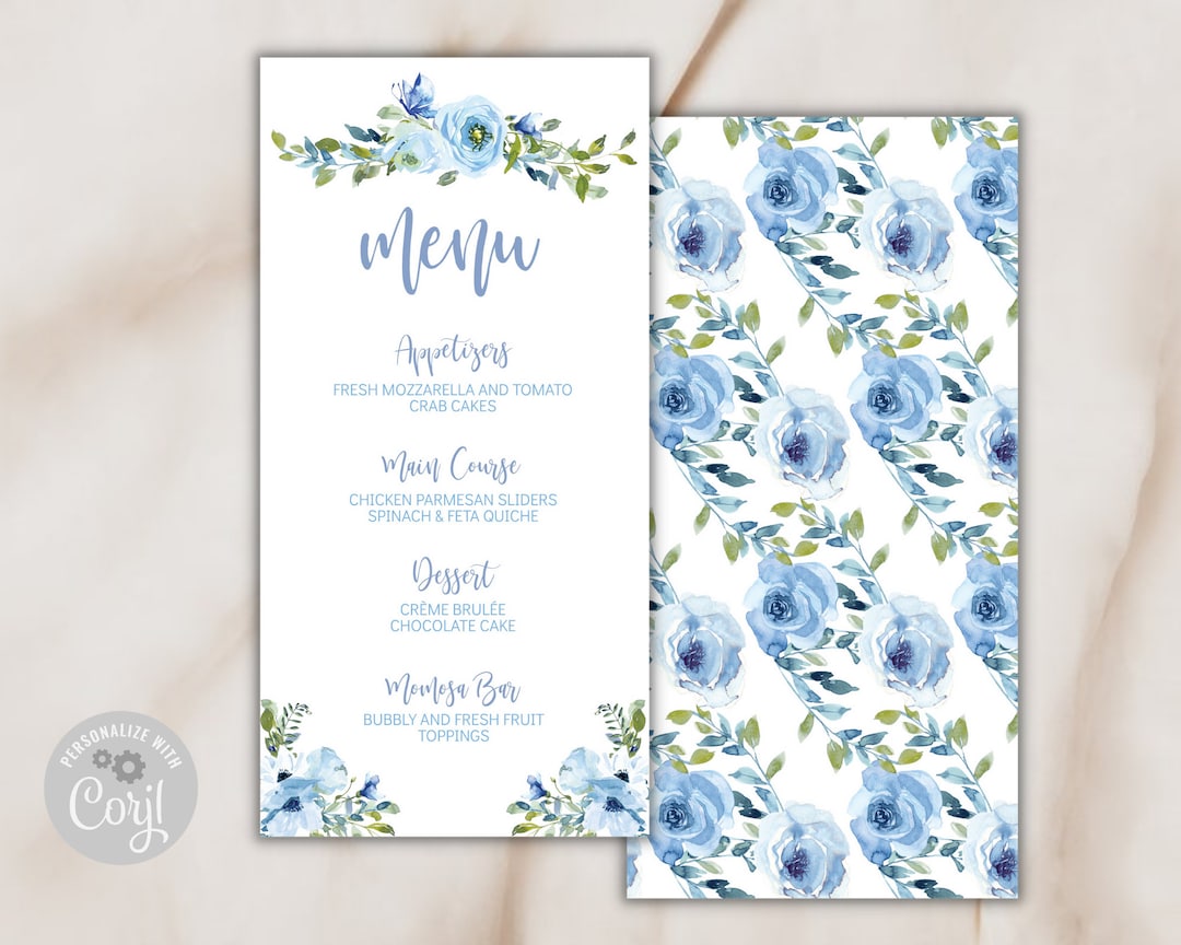 EDITABLE Blue Floral Menu Card Template Lunch/ Dinner / Brunch Menu ...