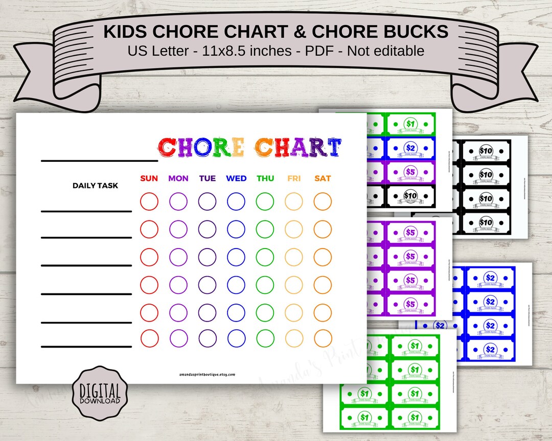 Kids Chore Chart and Chore Bucks, Mom Bucks, Classroom Bucks, Kids ...