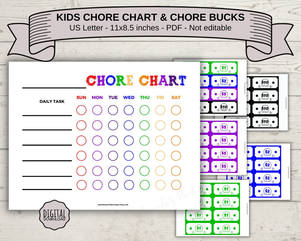 Kids Chore Chart and Chore Bucks Mom Bucks Classroom Bucks - Etsy