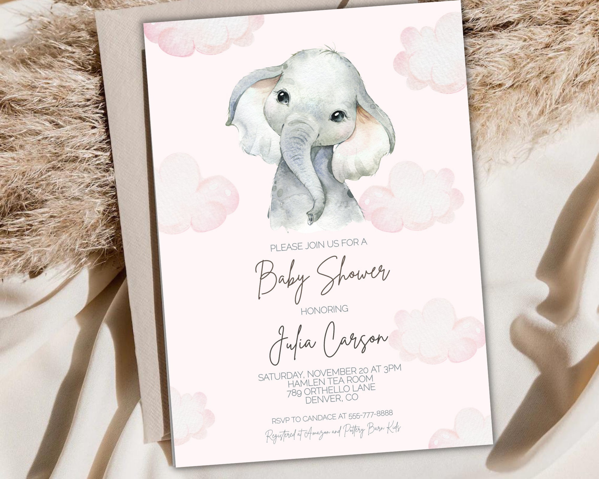 EDITABLE Elephant Baby Shower Invitation Template, Girl Baby Shower ...