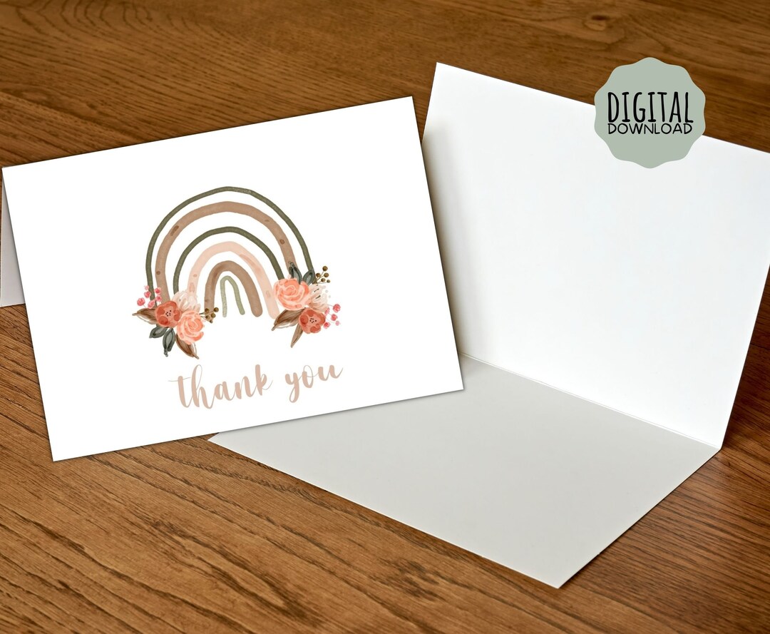 Boho Rainbow Thank You Card- Instant Download- 7x5 Inch Printable Thank ...