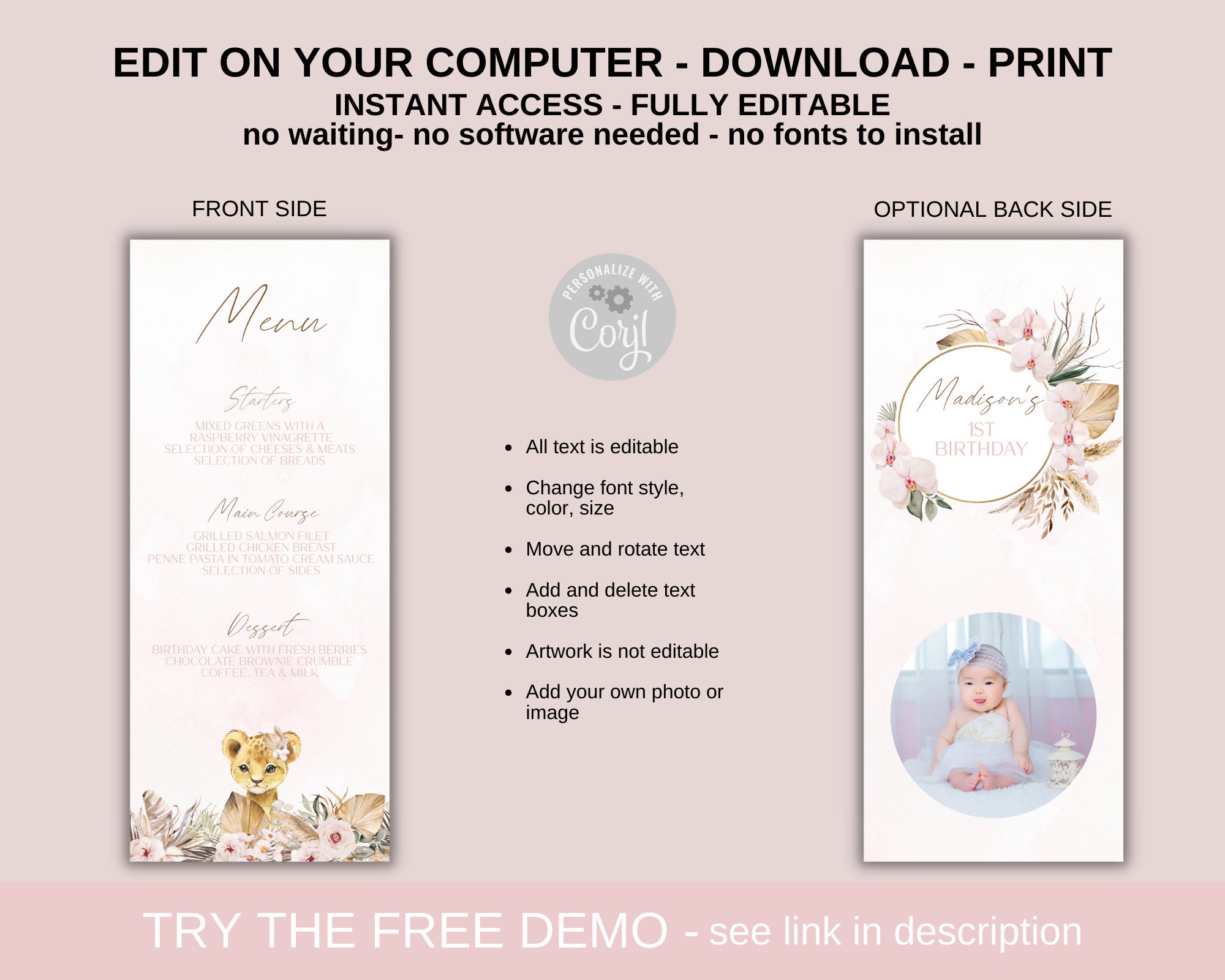 Editable Boho She's a Wild One Menu Template, Jungle Animal Menu Card ...