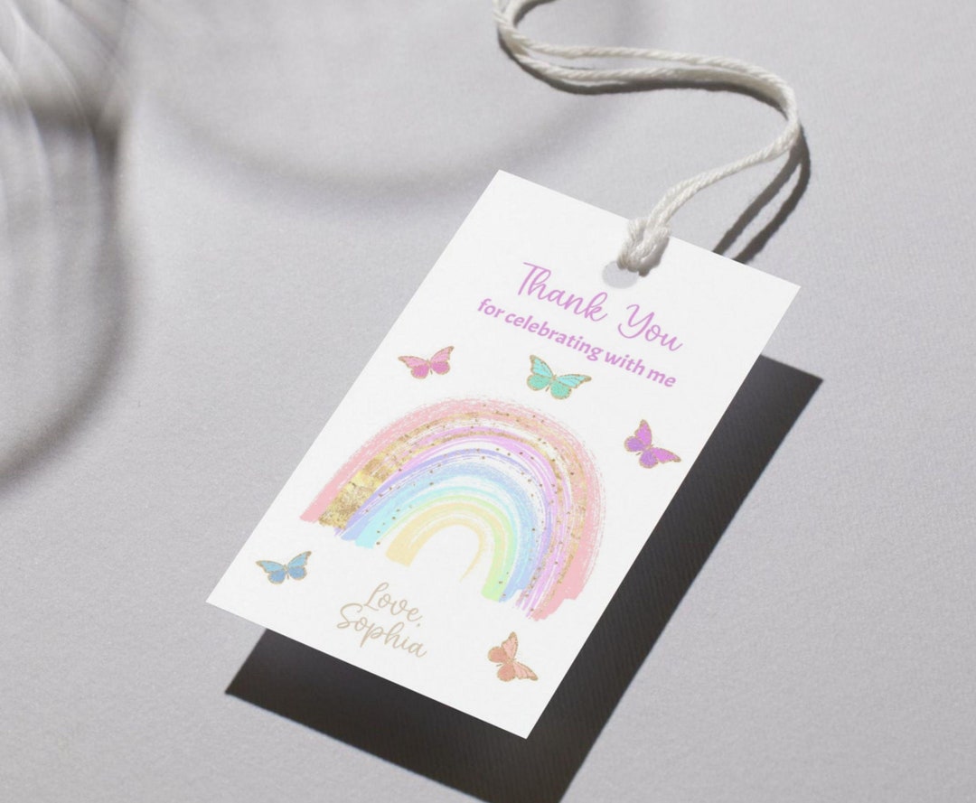 Rainbow & Butterfly Birthday Party Gift Tag Template, Editable Birthday ...