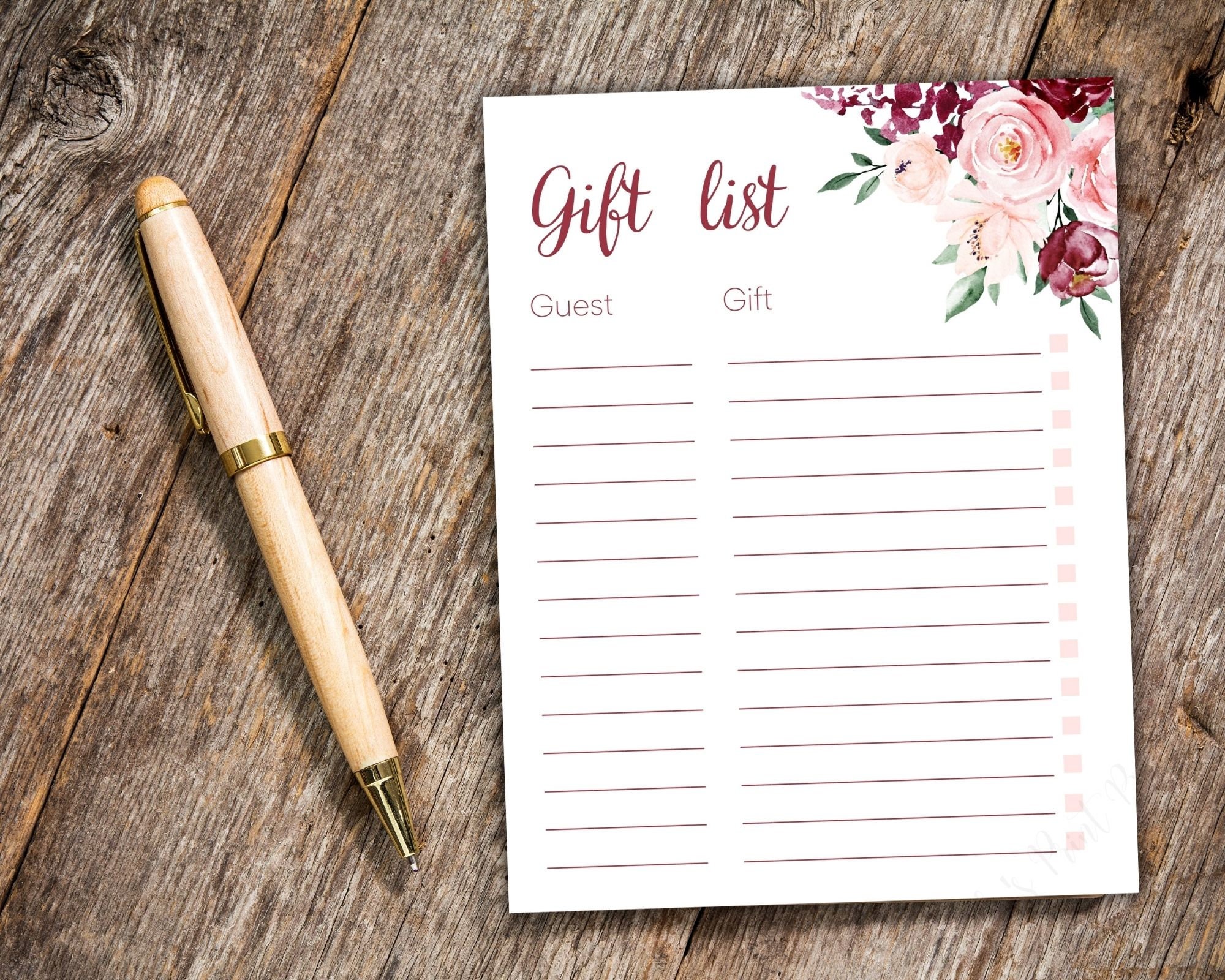 Pink and Burgundy Floral Guest List & Gift List Printables | Etsy