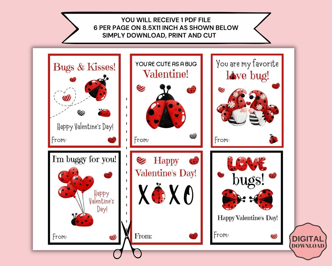 Ladybug Printable Valentine Card, Kids Printable Valentine, Valentine ...