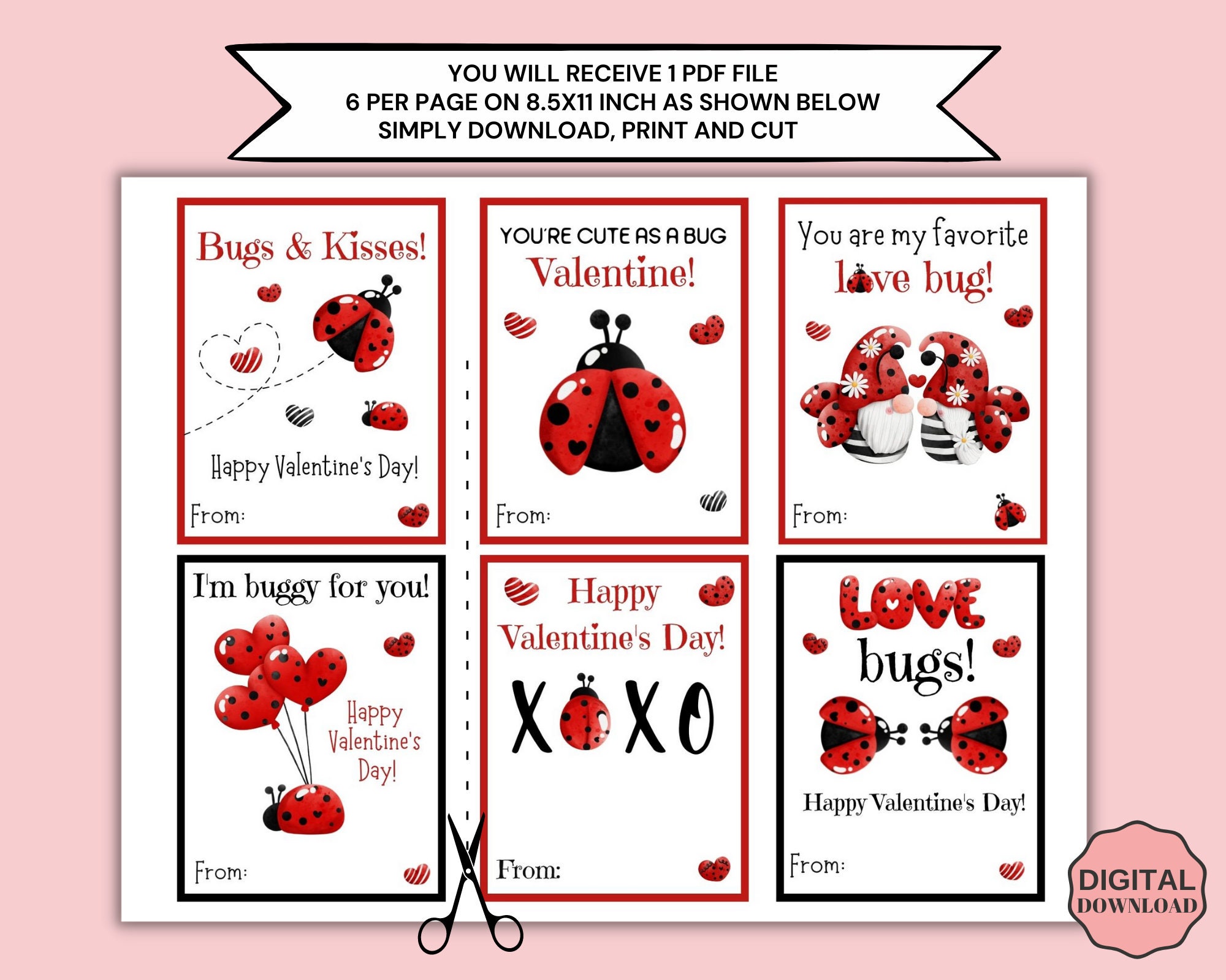 Ladybug Printable Valentine Card, Kids Printable Valentine, Valentine ...