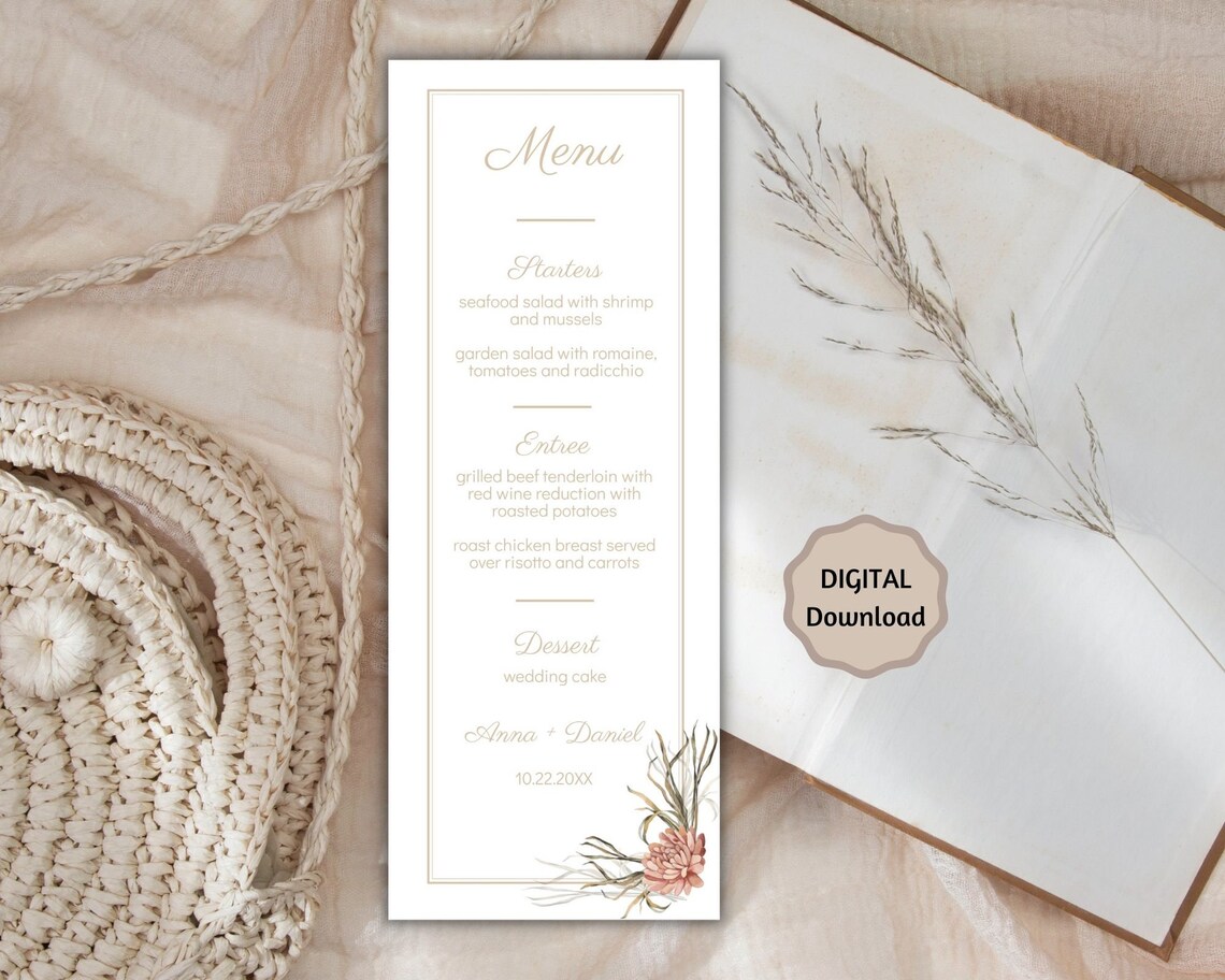 Boho Menu Card Template Lunch/ Dinner / Brunch Menu Printable | Etsy