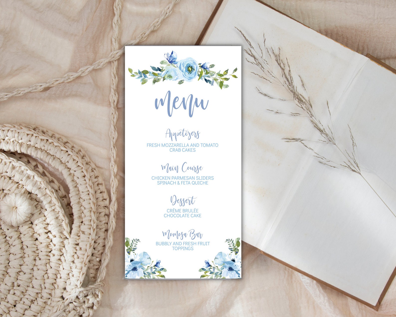 EDITABLE Blue Floral Menu Card Template Lunch/ Dinner / Brunch Menu ...