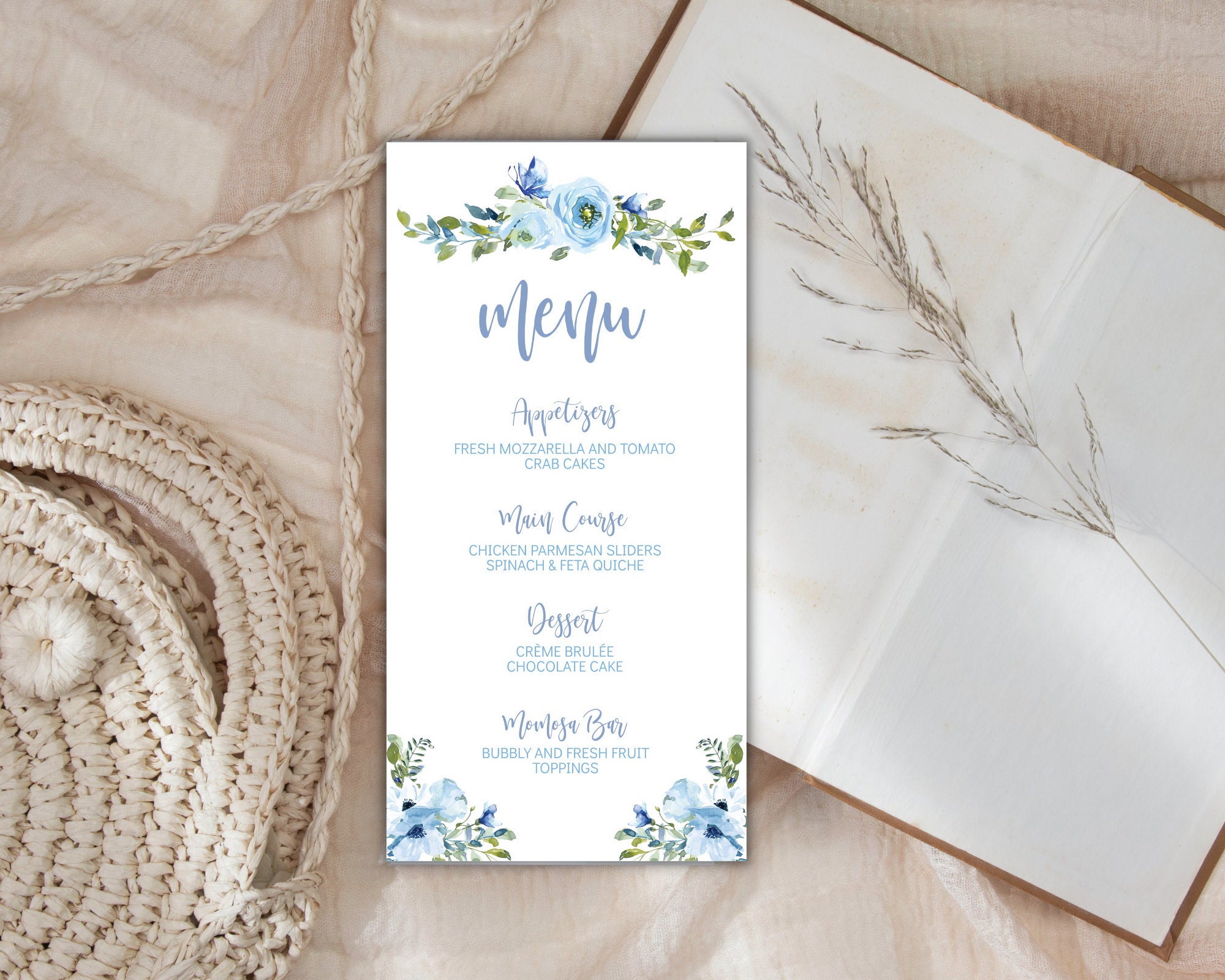 EDITABLE Blue Floral Menu Card Template Lunch/ Dinner / Brunch | Etsy