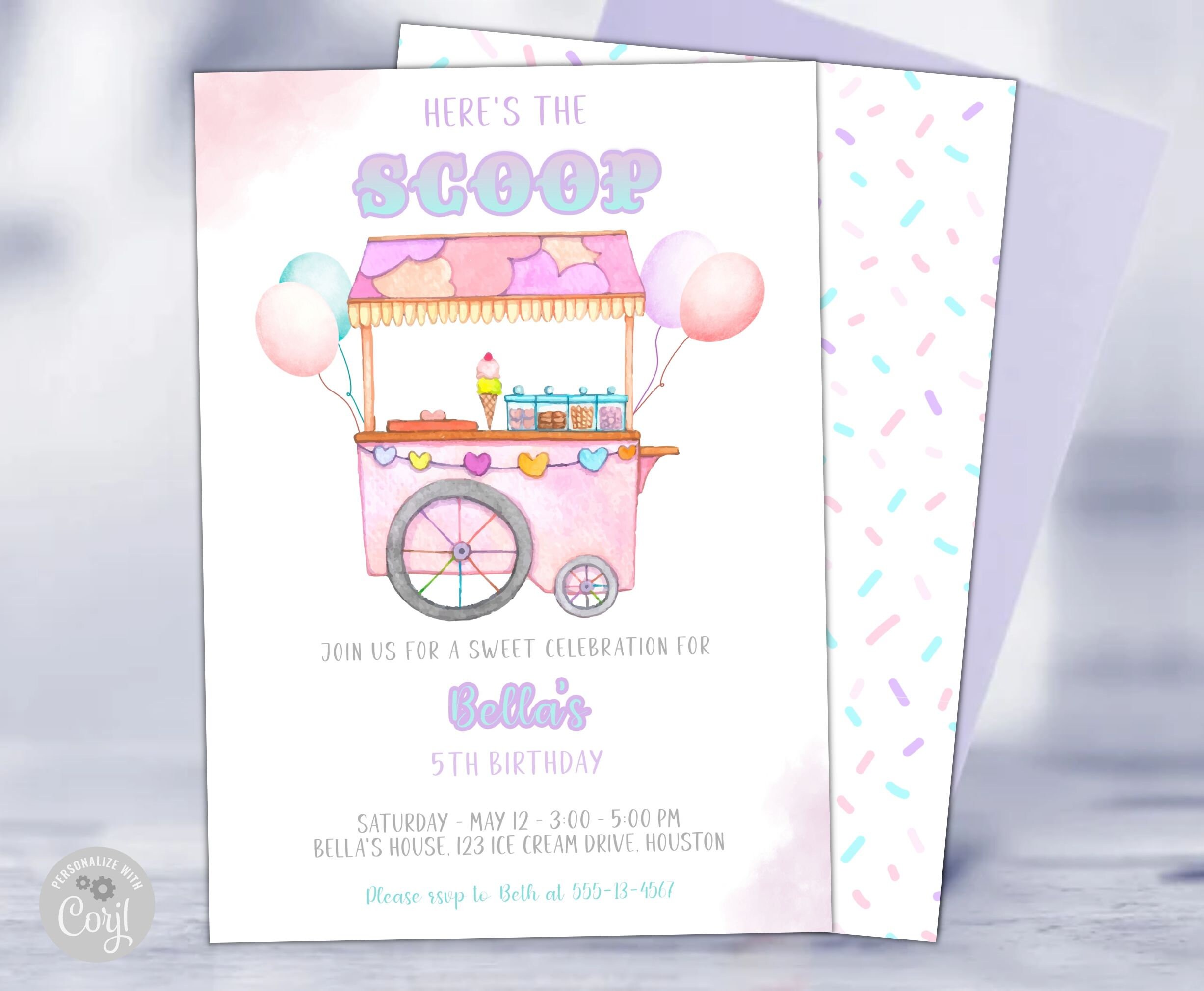 Editable Ice Cream Cart Birthday Party Invitation, Party Invitation ...