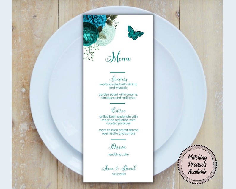 Turquoise Floral Menu Card Template Lunch/ Dinner / Brunch - Etsy
