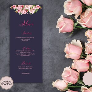 Editable Navy Blue Pink Floral Menu Template Printable, Tea Party Menu ...