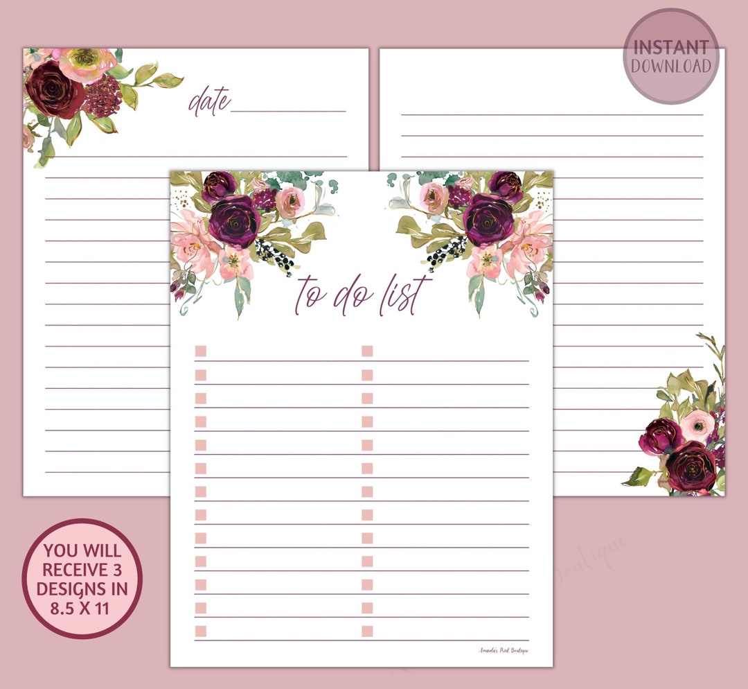 Printable to Do List, Watercolor Floral Planner Insert, Burgundy Blush ...