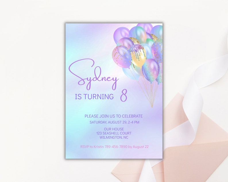 Balloons Birthday Party Invitation, Editable Girls Birthday Party ...