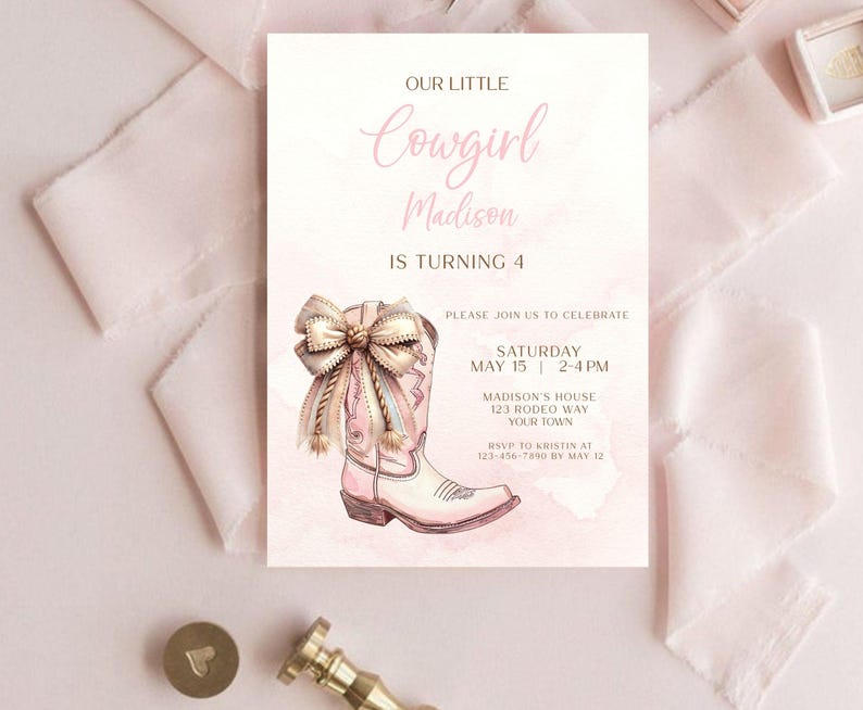 Cowgirl Birthday Invitation, Coquette Bow Pink Boot Invitation Template ...
