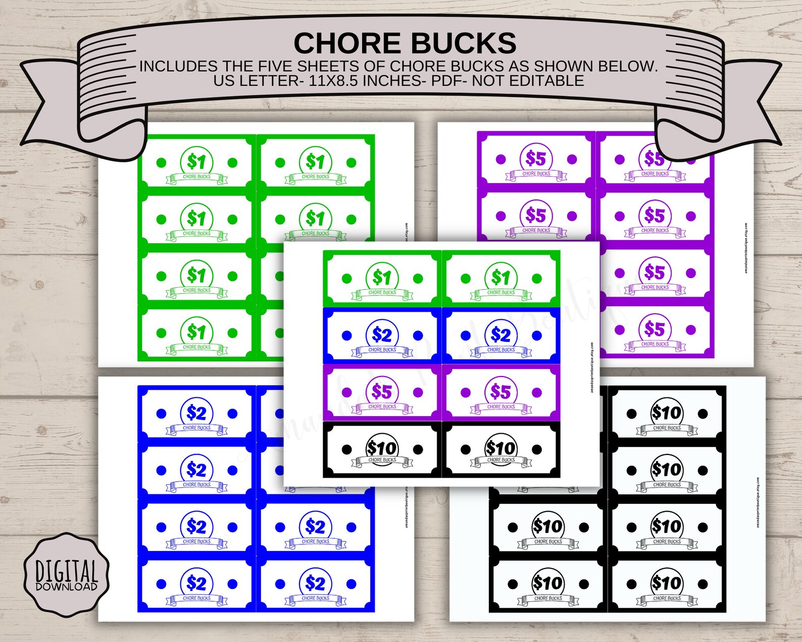 Kids Chore Chart and Chore Bucks, Mom Bucks, Classroom Bucks, Kids ...