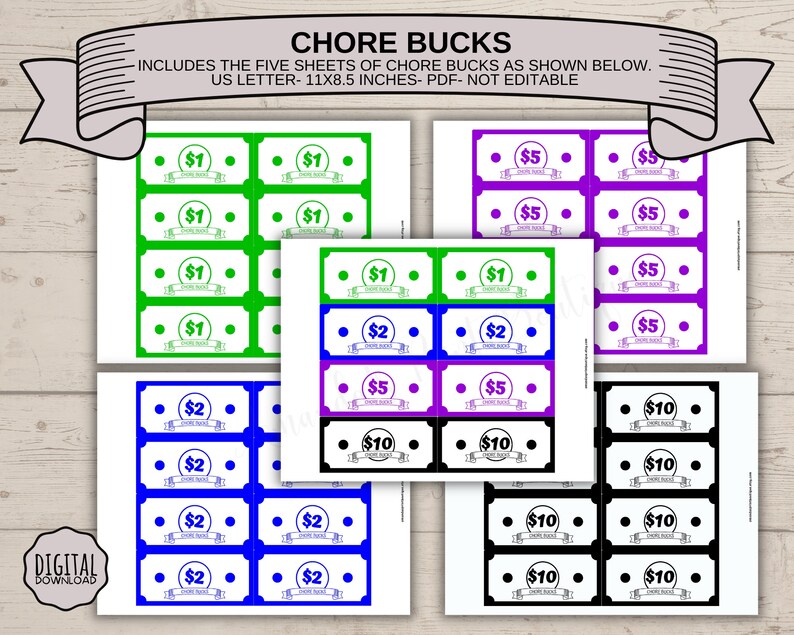 Kids Chore Chart and Chore Bucks, Mom Bucks, Classroom Bucks, Kids ...
