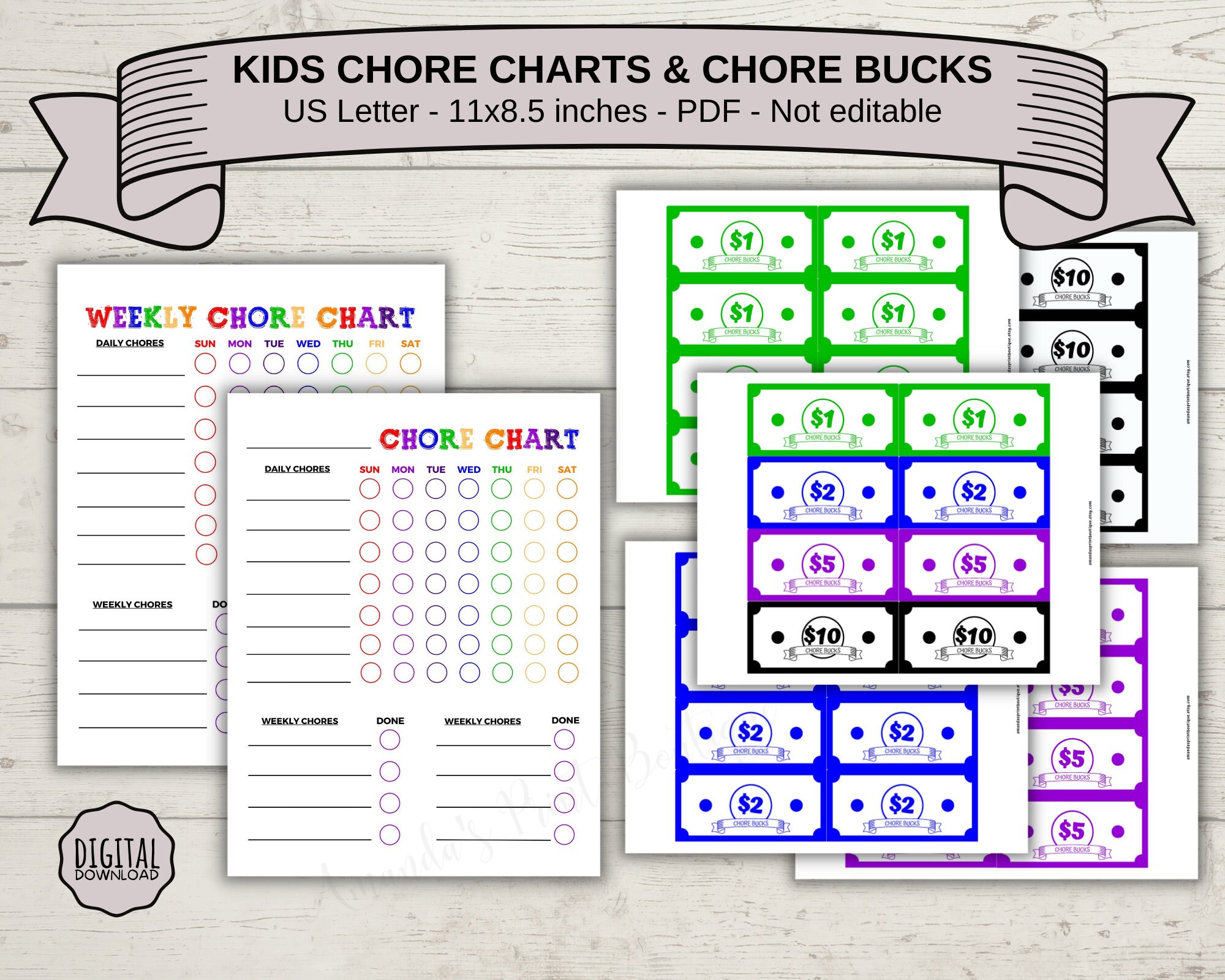 Kids Chore Chart and Chore Bucks, Mom Bucks, Classroom Bucks, Kids ...