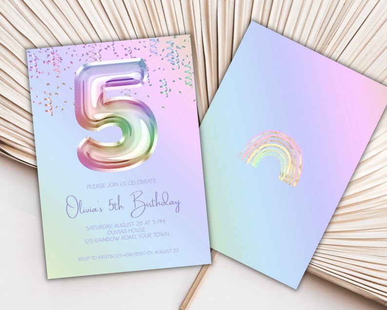 5th Birthday Invitation Editable Rainbow Holographic Girls - Etsy