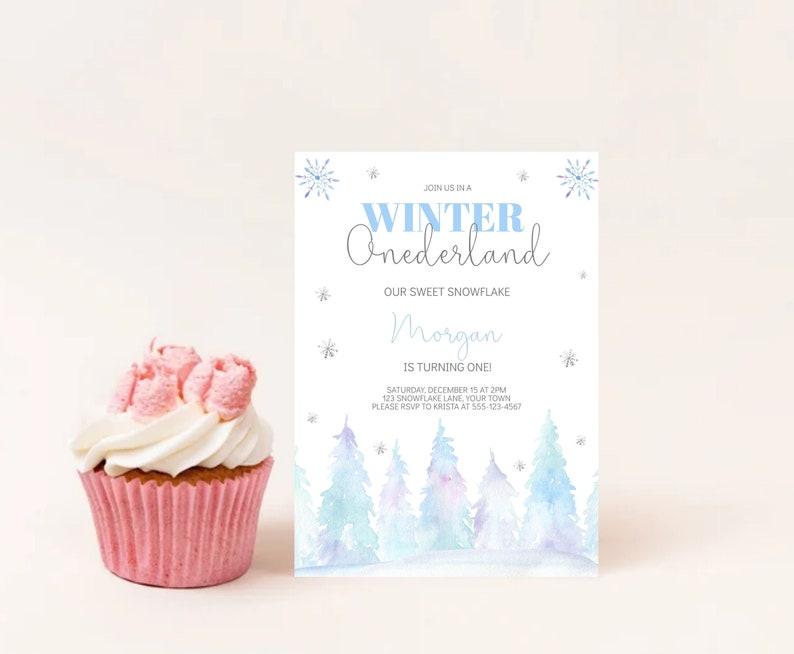 Editable Winter Onederland Invitation, Snowflake First Birthday Pink ...