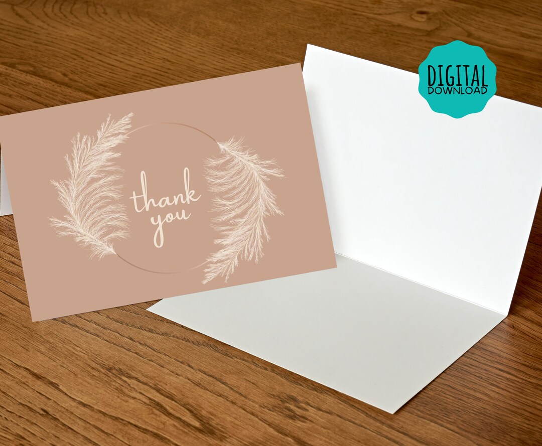 Boho Feather Thank You Card- Instant Download- 7x5 Inch Printable Thank ...