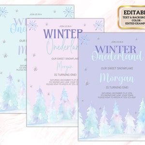 Editable Winter Onederland Invitation, Snowflake First Birthday Pink ...