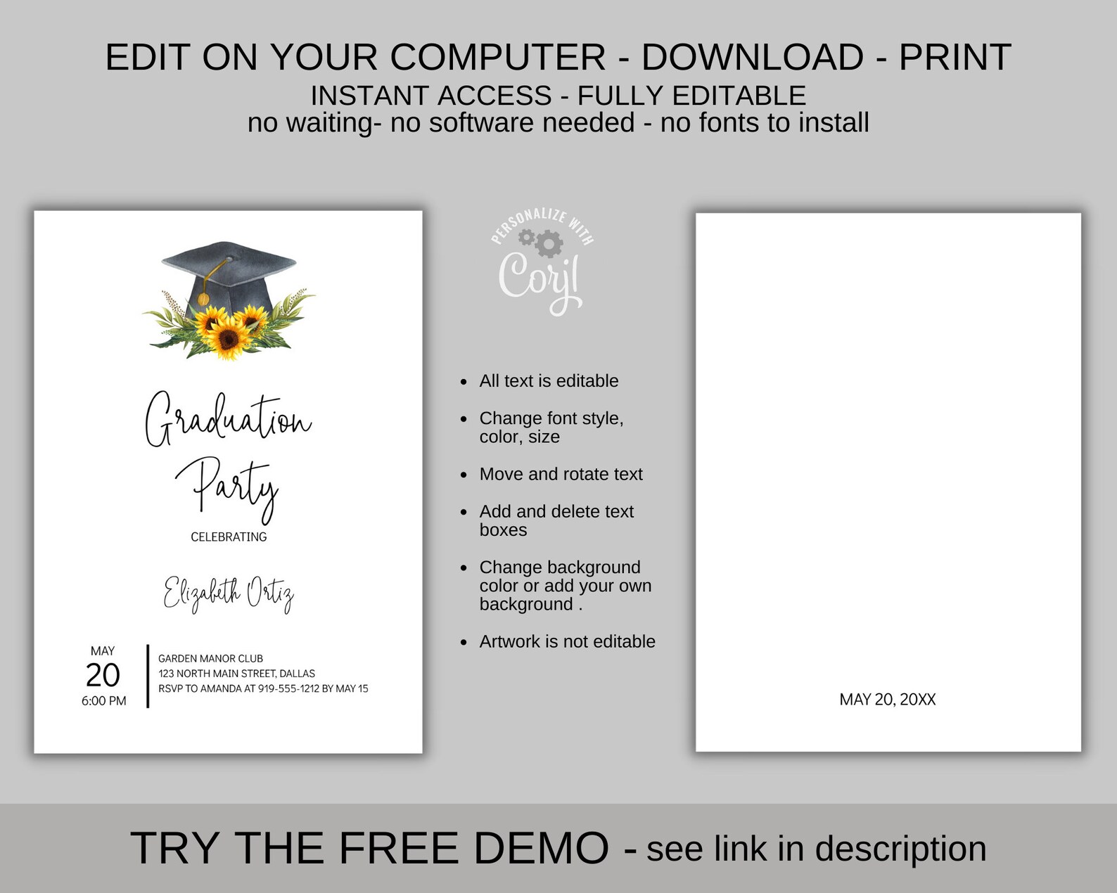 Sunflower Graduation Invitation Template, Minimalist Graduation ...