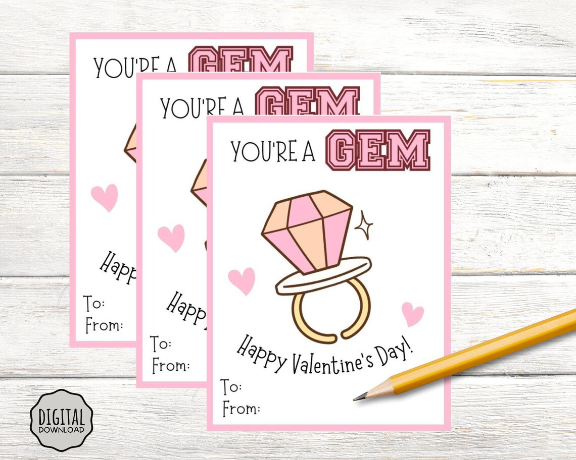 Printable You're a Gem Valentine Card, Ring Pop Printable Classroom ...