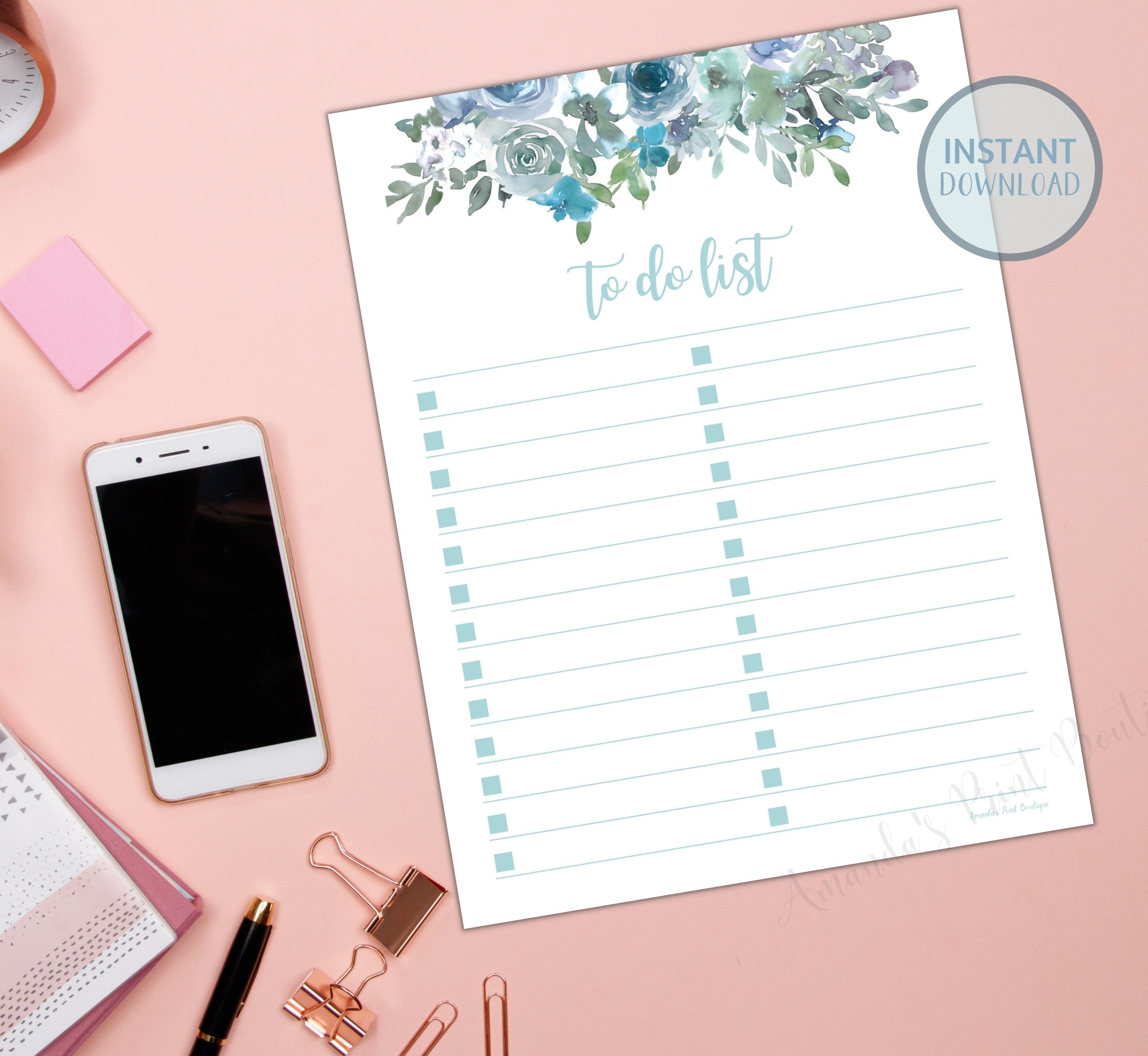 Printable to Do List Watercolor Floral Planner Insert Blue | Etsy