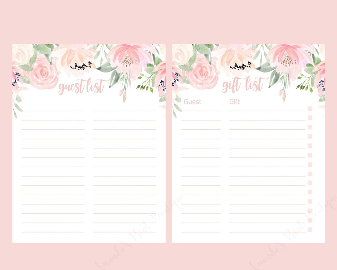 Liste d’invités de douche florale rose blush et liste de cadeaux ...