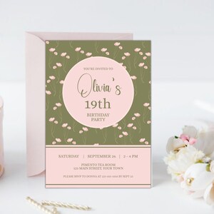 EDITABLE Floral Birthday Party Invitation, Green With Pink Flowers ...