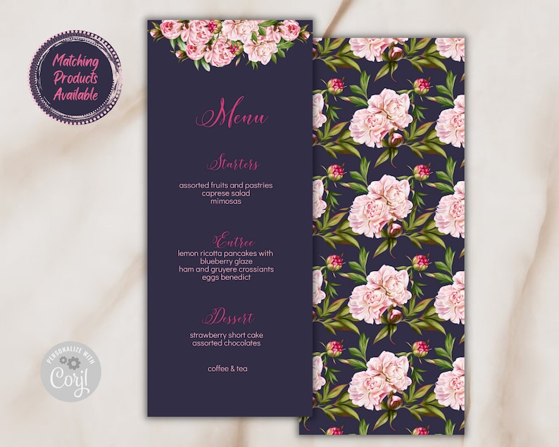 Editable Navy Blue Pink Floral Menu Template Printable Tea - Etsy