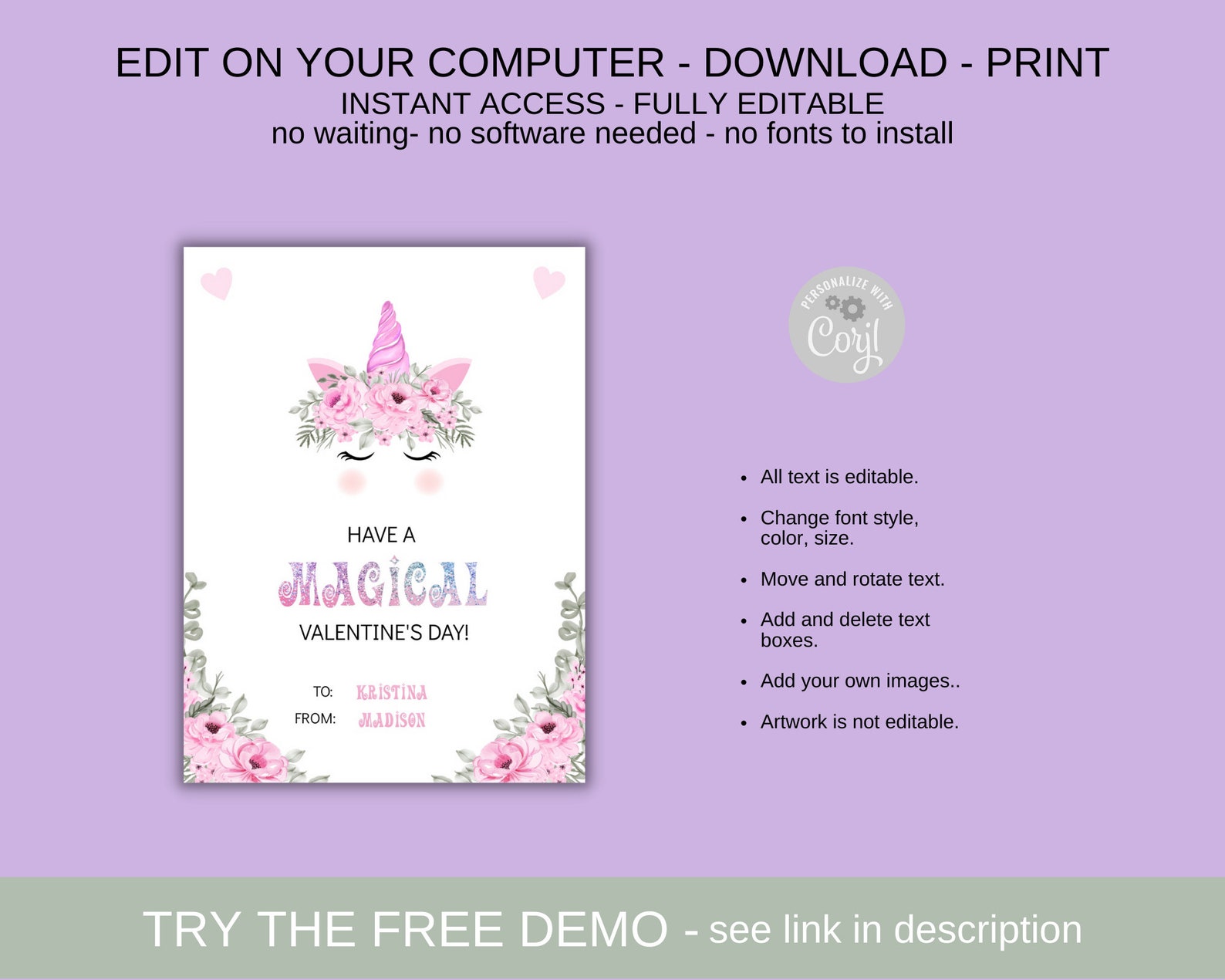 Editable Magical Unicorn Valentine Cards, Unicorn Treat Bag Tag ...