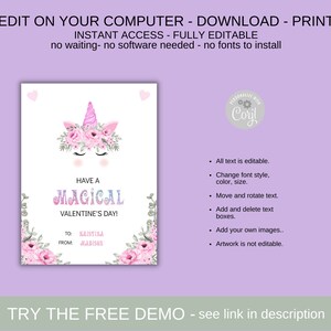 Editable Magical Unicorn Valentine Cards, Unicorn Treat Bag Tag ...