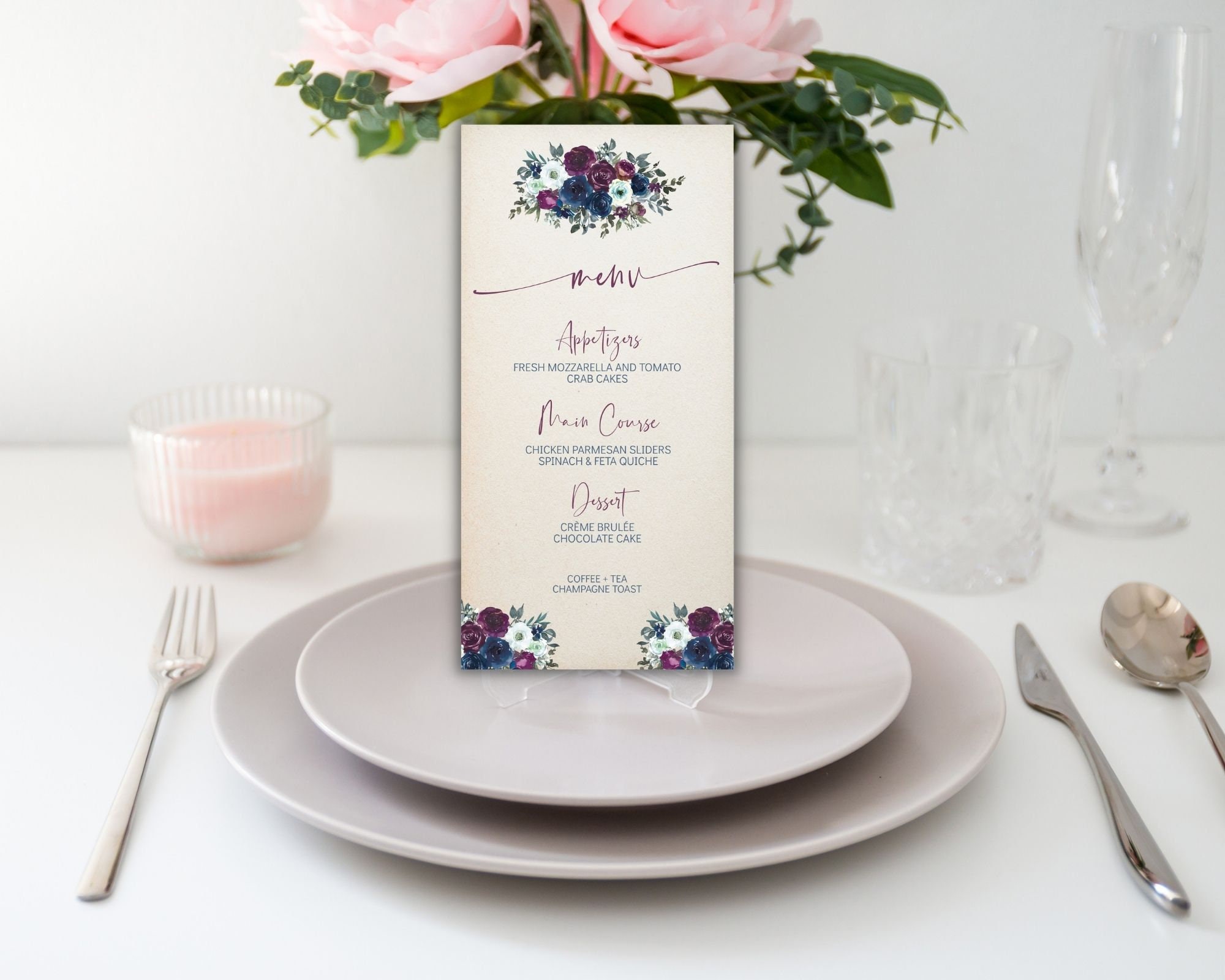 Plum & Navy Floral Menu Card Template Lunch/ Dinner / Brunch | Etsy