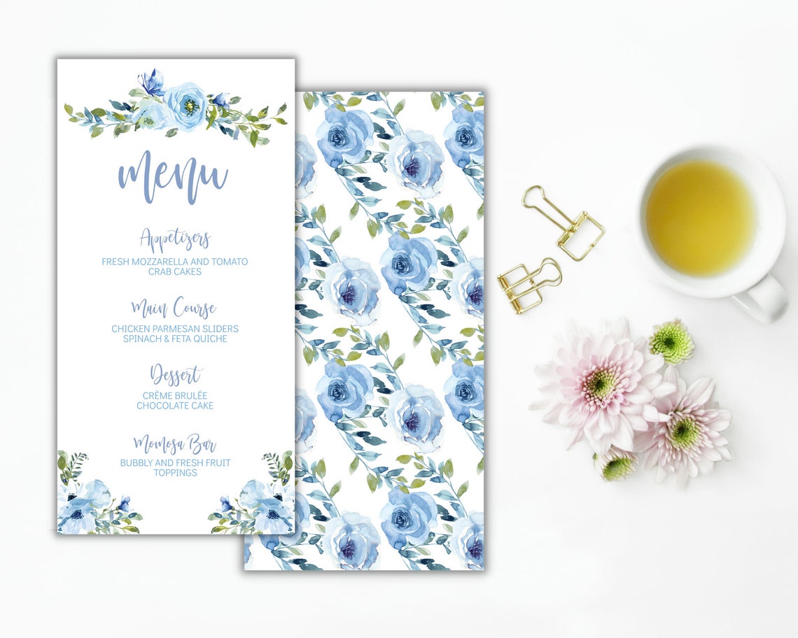 EDITABLE Blue Floral Menu Card Template Lunch/ Dinner / Brunch | Etsy