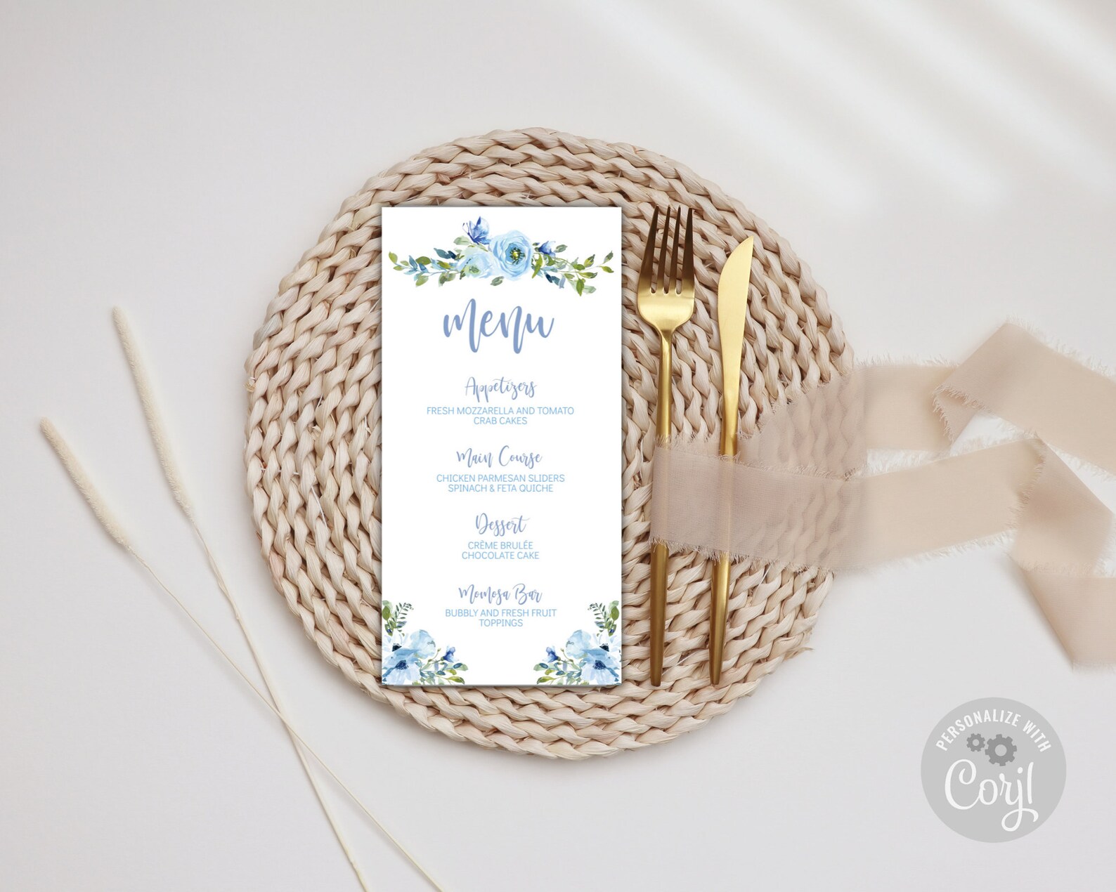 EDITABLE Blue Floral Menu Card Template Lunch/ Dinner / Brunch Menu ...