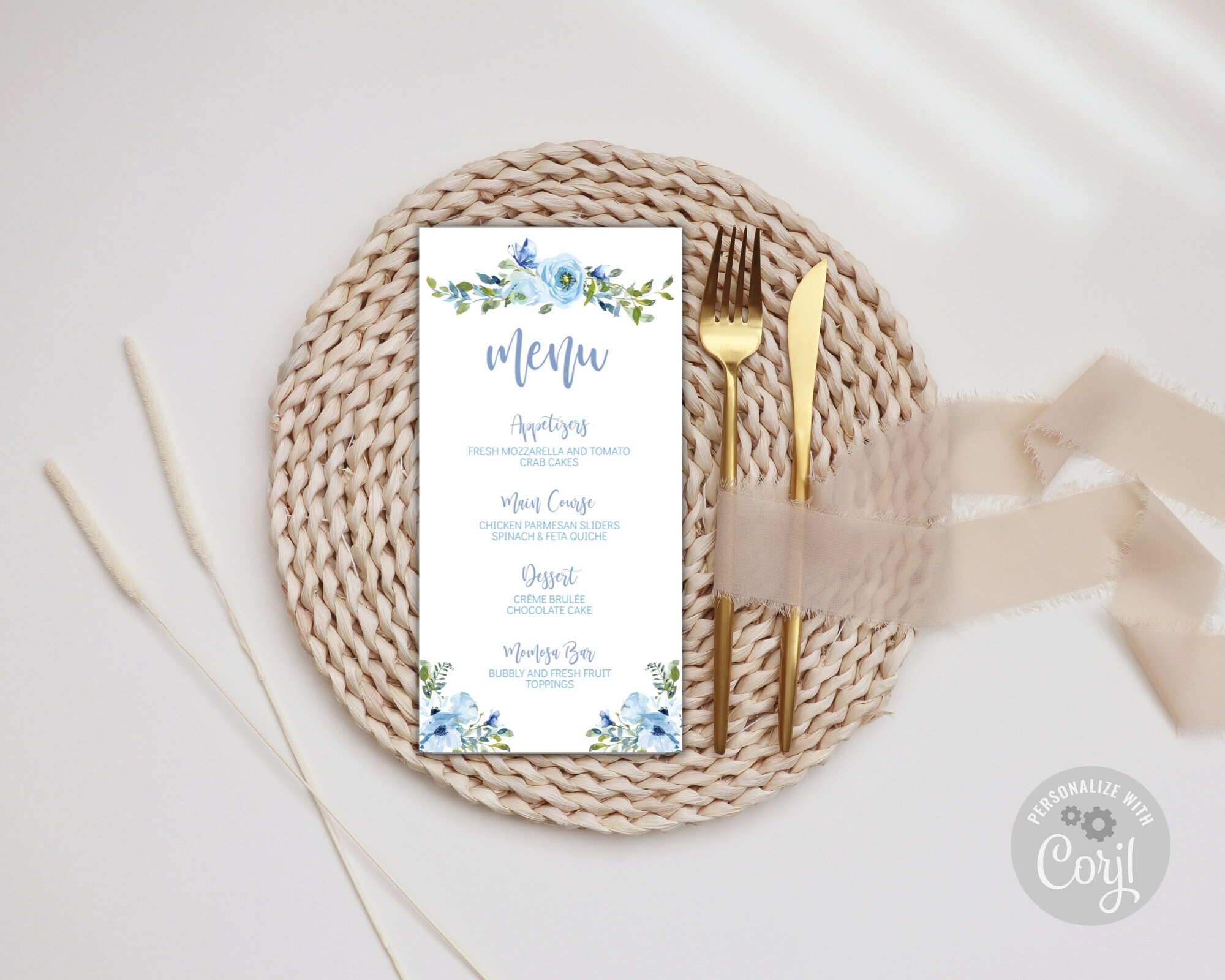 EDITABLE Blue Floral Menu Card Template Lunch/ Dinner / Brunch | Etsy