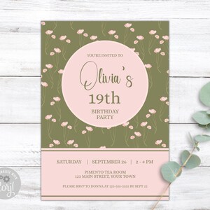 EDITABLE Floral Birthday Party Invitation, Green With Pink Flowers ...