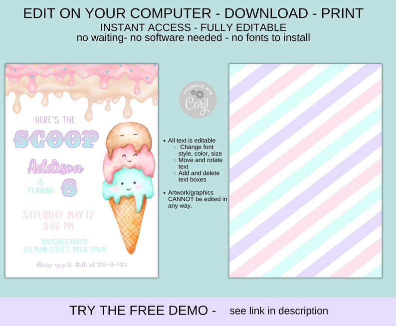 Editable Ice Cream Birthday Party Invitation Party Invitation - Etsy