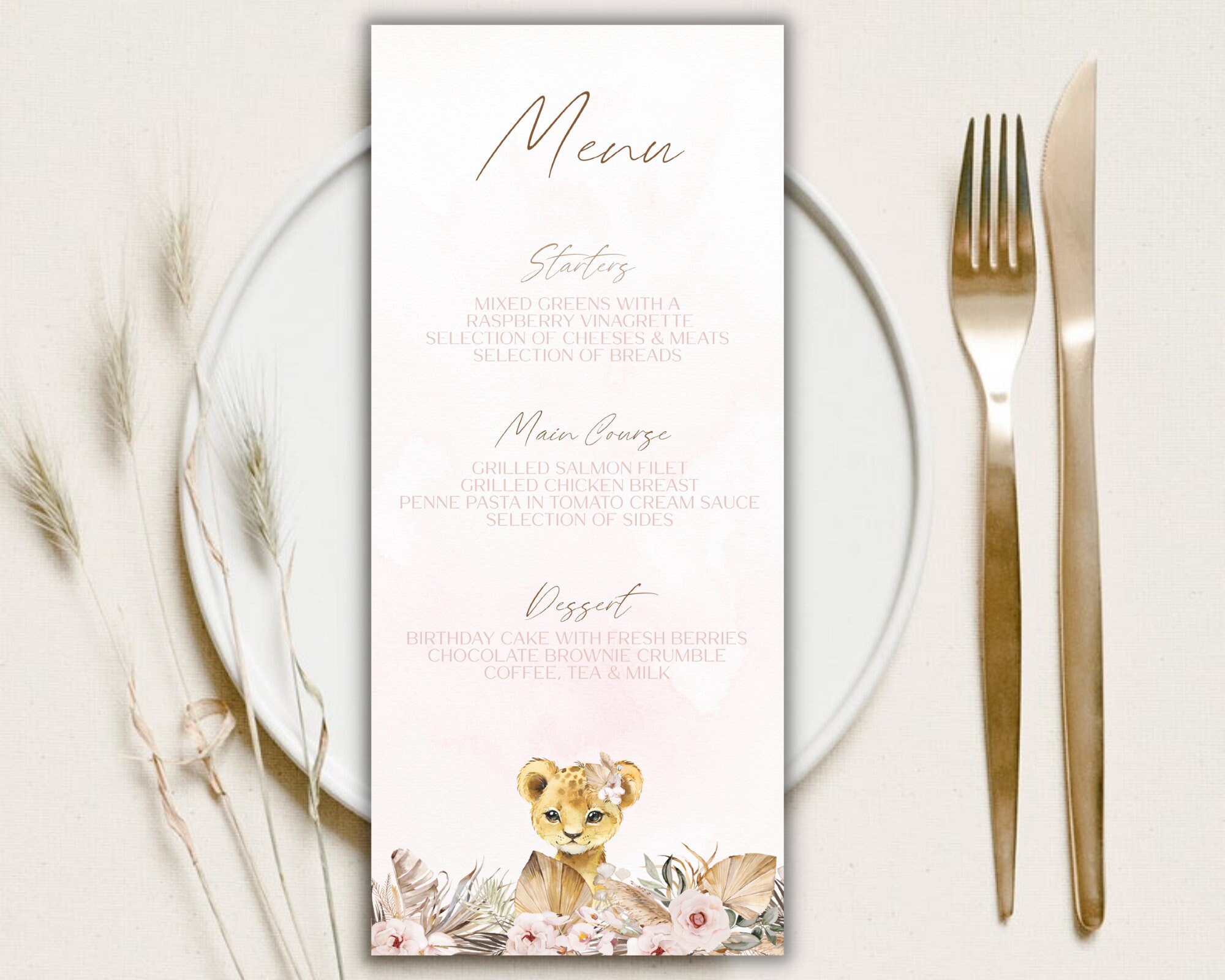 Editable Boho She's a Wild One Menu Template, Jungle Animal Menu Card ...