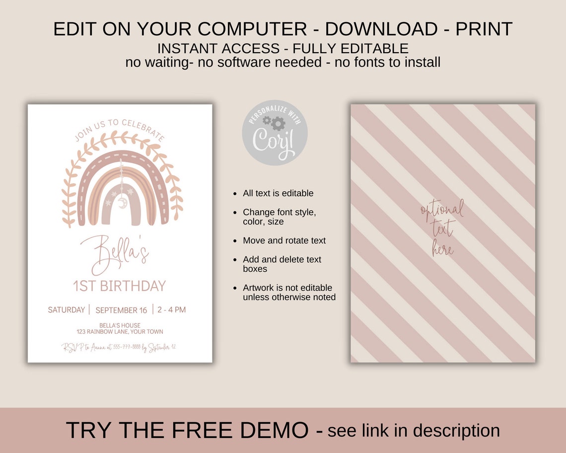 Boho Rainbow Birthday Party Invitation Editable Girls - Etsy