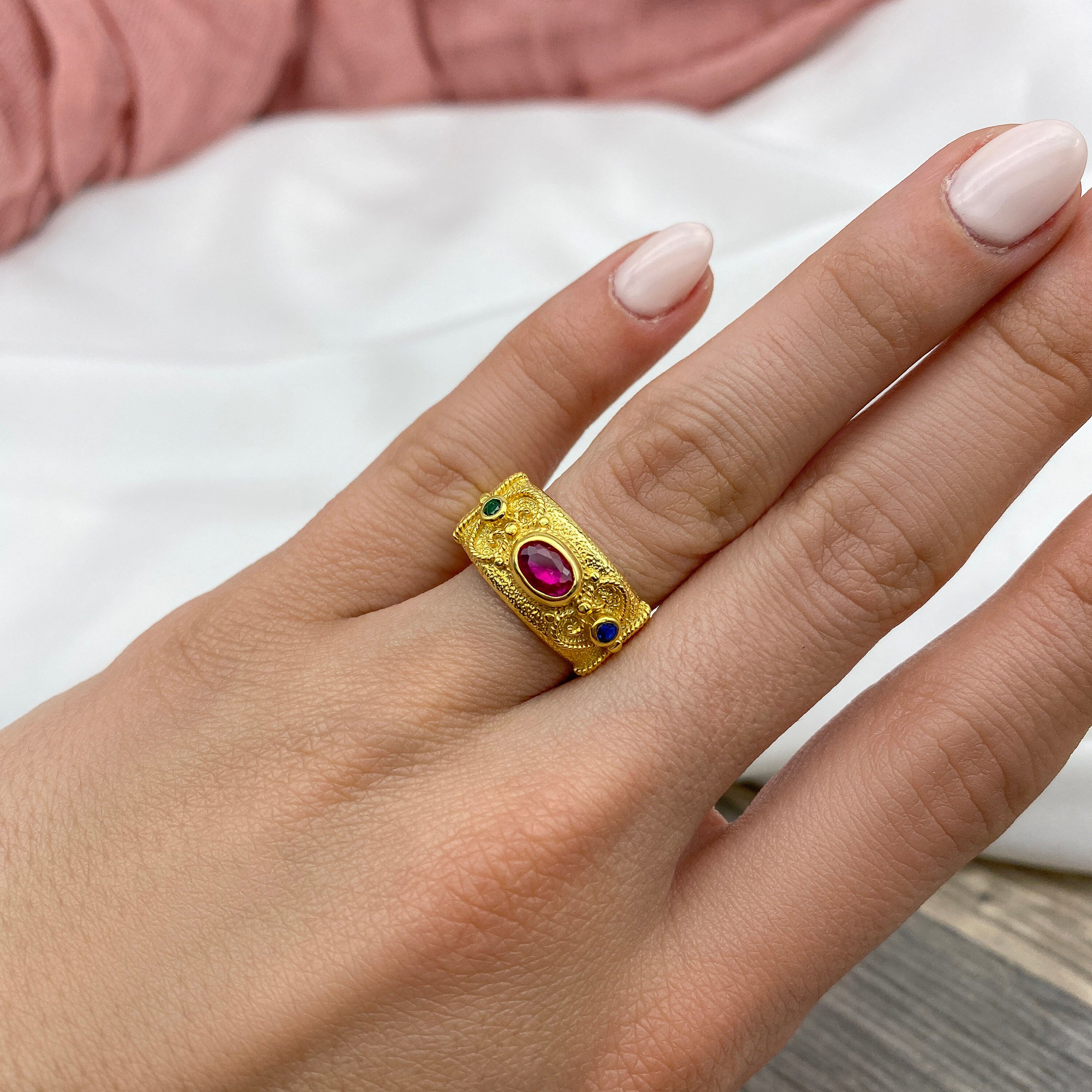 Greek Byzantine Ring K18 Solid Gold or 14K Gold and Gem Stones Ruby ...