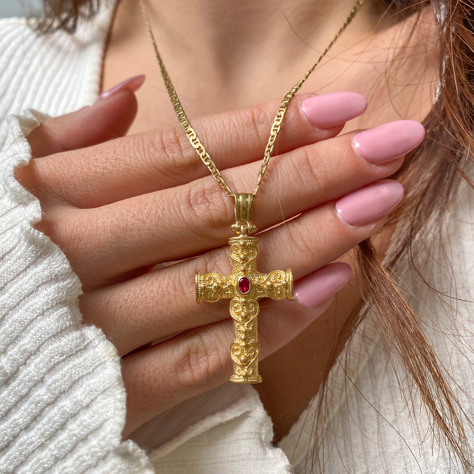 Byzantine Cross Solid Gold 14K or 18K With Ruby or Blue - Etsy